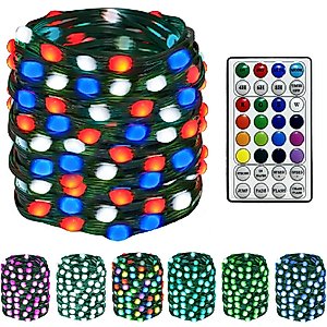 Renoliss USB 66FT 200 LED 16 Colors Changing LED Fairy String Lights with Remote, Red White and Blue Lights with Green Wire & Timer Function for Holiday Decorations, Multicolor & More Solid Colors