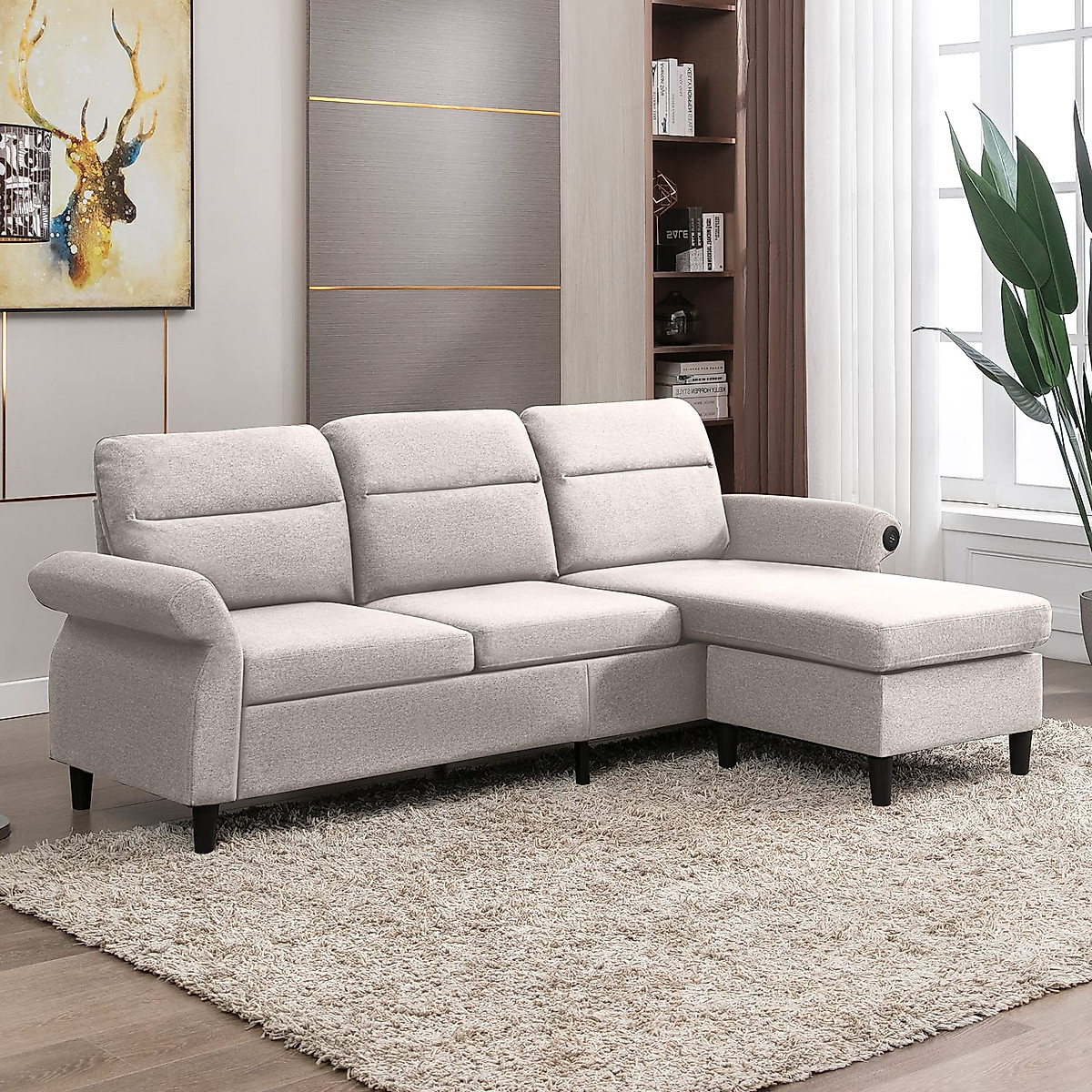 Mjkone 86" Convertible Sectional Sofa Couch, 3 Seat Sofas with 2 USB Ports and Adjustable Armrest, L Shaped Couch with Reversible Chaise, Couches for Living Room Apartment Office - Beige