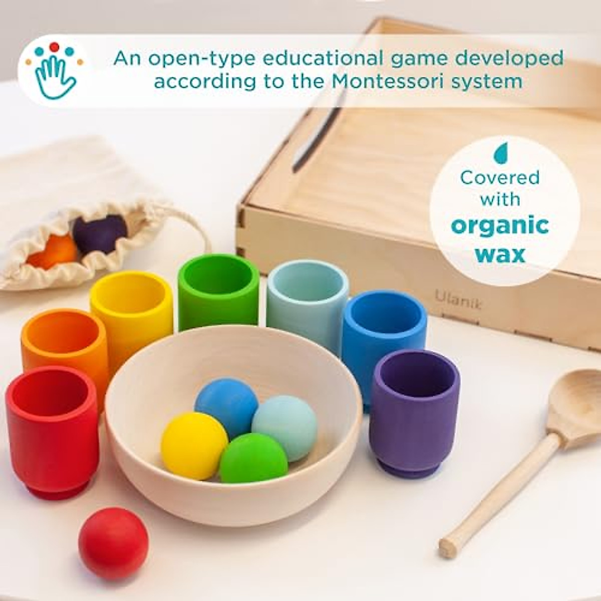 Ulanik Rainbow Balls in Cups Toddler Montessori Toys for 1+ Year Old Kids Wooden Matching Game for Learning Color Sorting and Counting — 7 Balls, 1.18 in