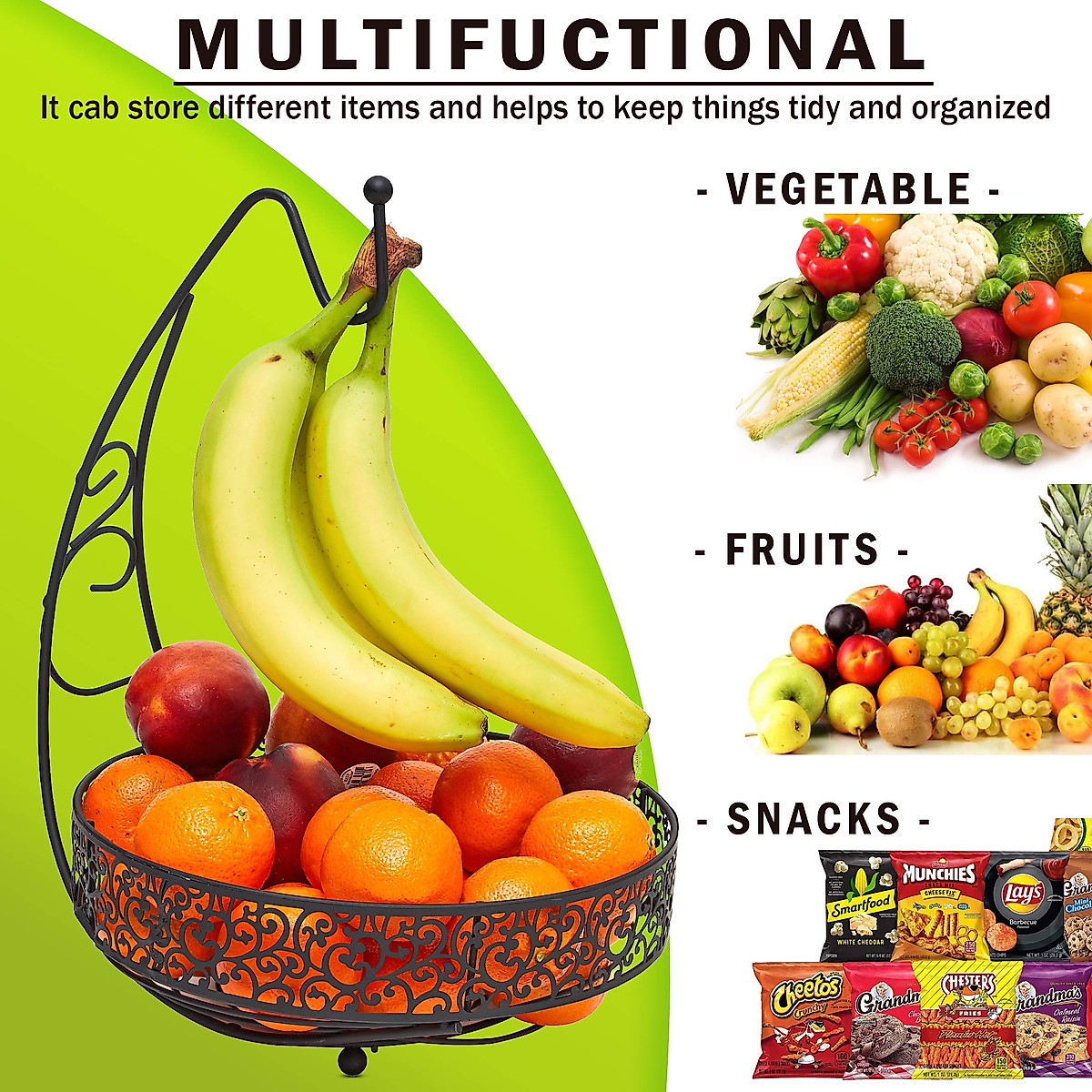 Totally Kitchen Fruit Basket with Banana Tree Hanger | Round Metal Fruit Storage Bowl | Matte Black