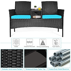 COSTWAY 2-Seat Patio Conversation Sets, Outdoor Patio Loveseat Set with Removable Cushions & Built-in Coffee Table for Backyard, Garden, Lawn, Balcony, Black+Turquoise
