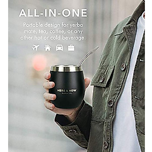 Here & Now Yerba Mate Cup and Bombilla Set | 2 Mate Gourds, Spill Resistant Lids, & Mate Straws | Bombilla Brush & Pouch Included | Yerba Mate Gourd Kit with Bombilla Mate & Mate Tea Cups (Black)