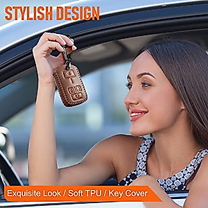 Slohif for Chevy Chevrolet Leather Key Fob Cover Accessories for Silverado Colorado GMC Sierra Canyon 2014-2019 4 Buttons, Leather Case+D-Ring+Hook(Brown)