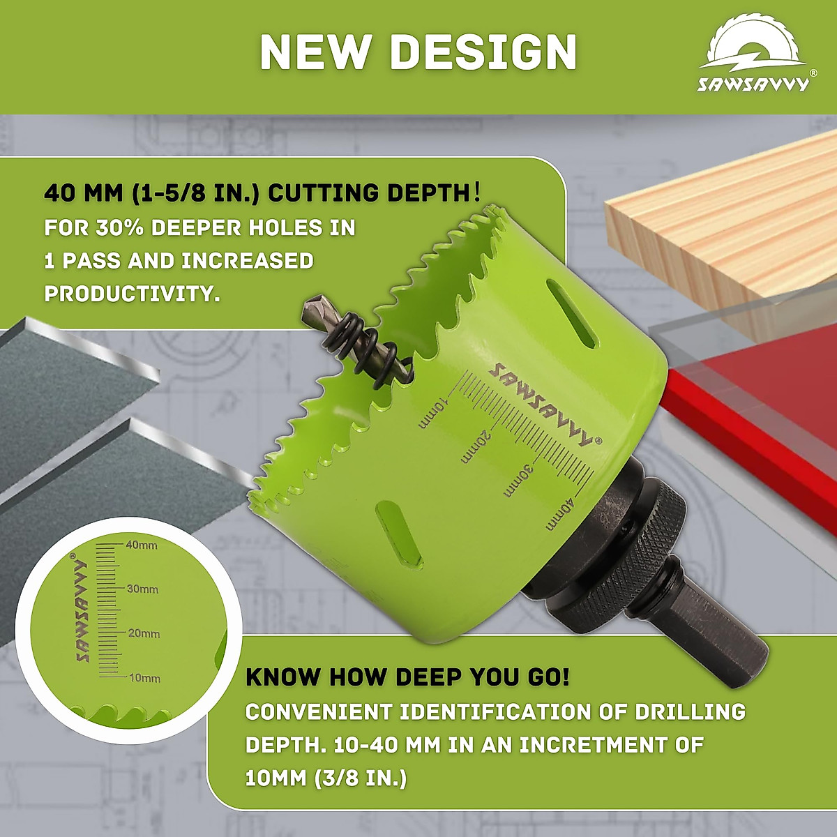 SAWSAVVY 2 inch Hole Saw for Wood Metal Drywall, Hole Saw Drill Bit, Bi-Metal Hole Cutter with Hex Shank Pilot Drill Bit Adapter, 2 Hole Saw (51mm), 1 5/8 inch Cutting Depth