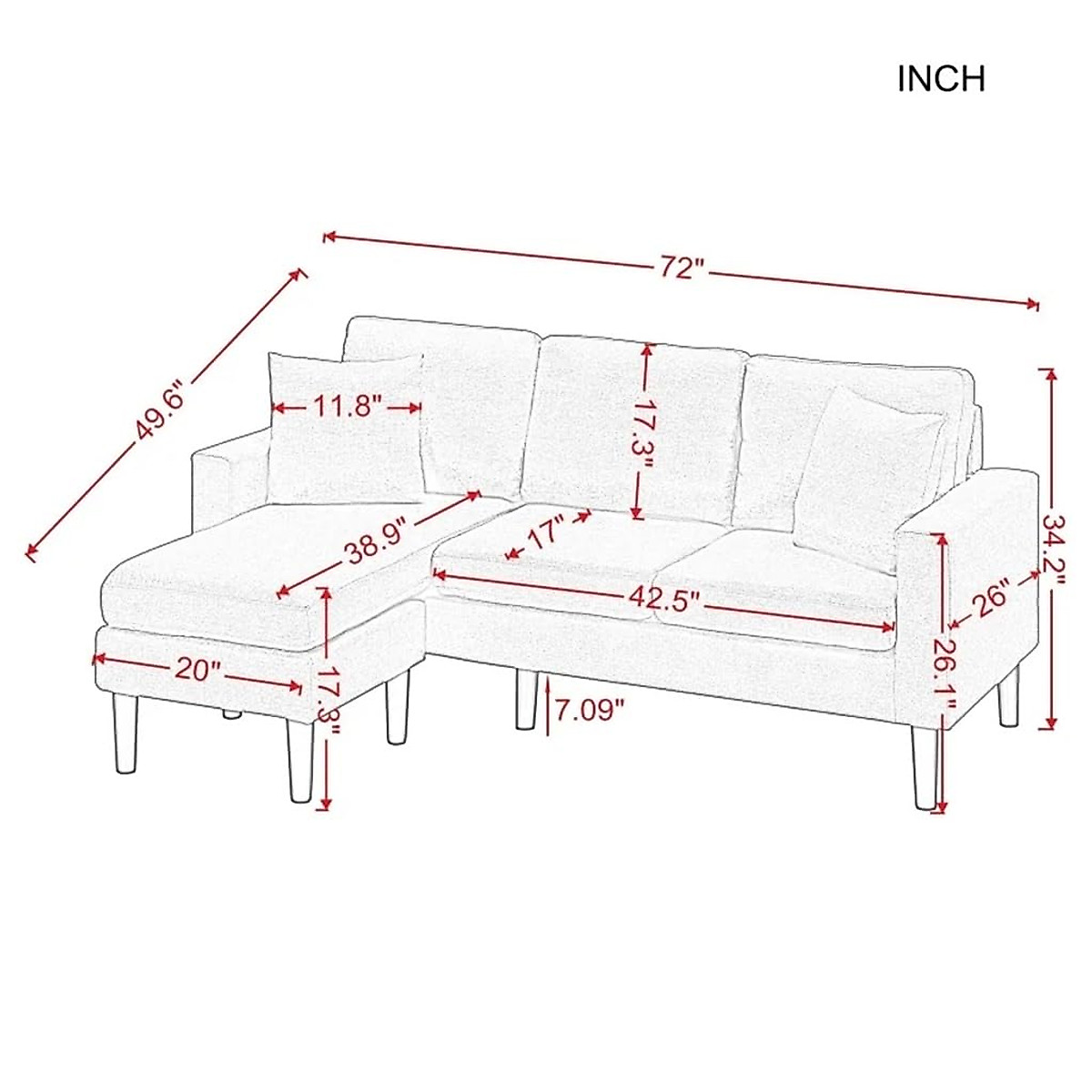FANCUF 72" Sectional Sofa Left Hand Facing with 2 Pillows Suitable for Liveing Room Dark Grey Fabric