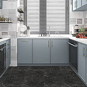 Peel and Stick Floor Tile, Black Grey Marble Vinyl Flooring, Durable and Waterproof for Update Bathroom Kitchen Basement, 11.8x11.8In, 10 PCS