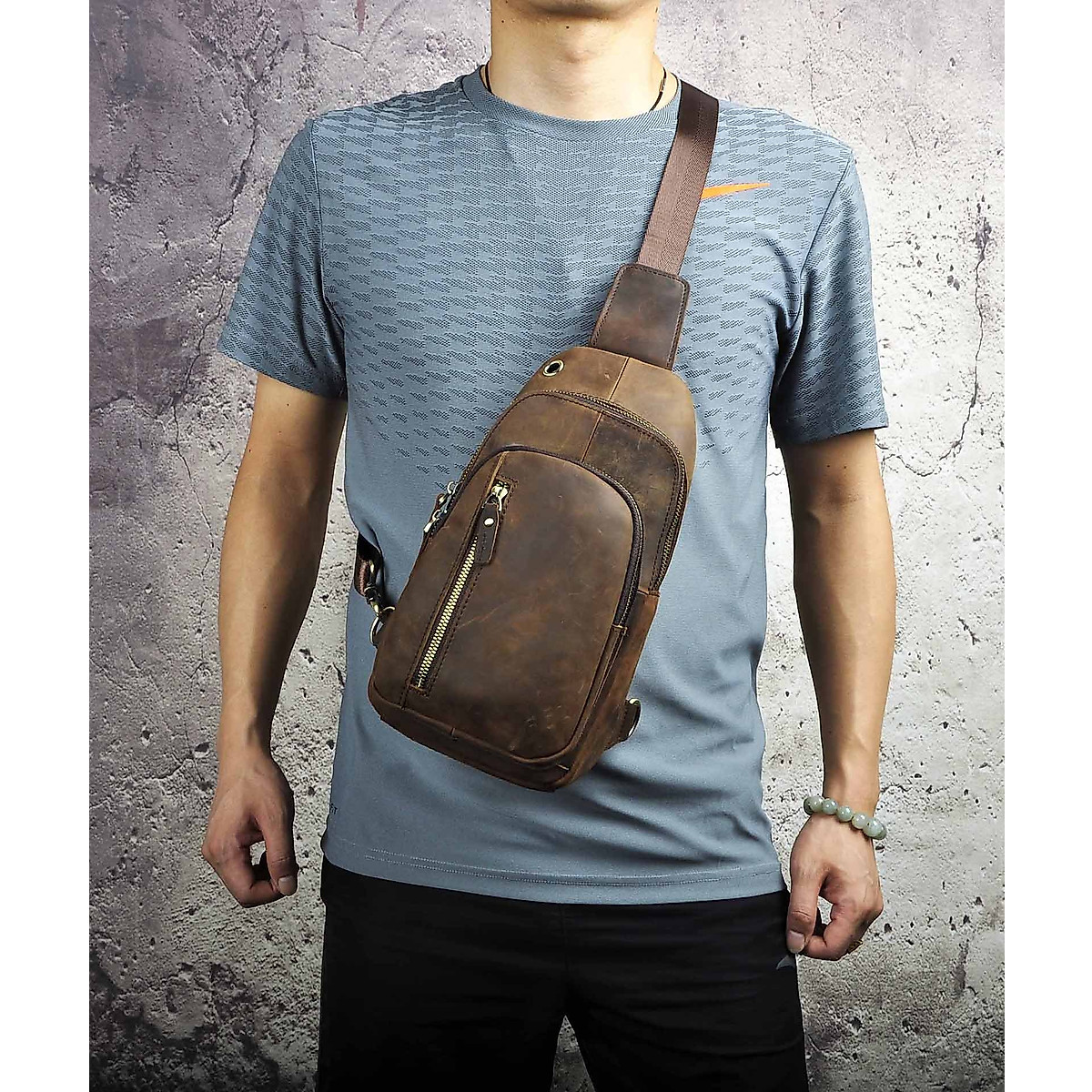 Le'aokuu Men Outdoor Casual Travel Hiking Tea Crossbody Chest Sling Bag Rig One Shoulder Strap Bag Backpack Men Leather