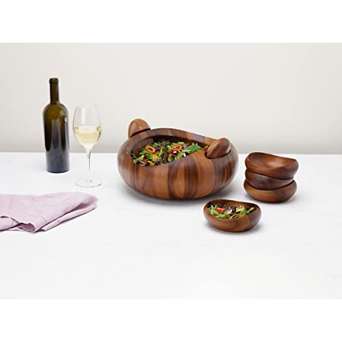 nambe Pebble 7Pc Salad Set | Large 15-Inch Serving Bowl | Made of Acacia Wood | Includes Salad Serving Bowl, Individual Bowls, and Salad Tossers | Perfect for Entertaining