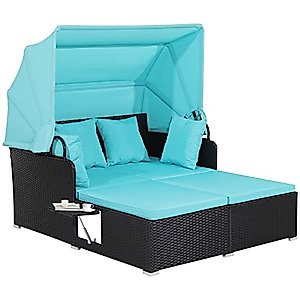 Tangkula Patio Rattan Daybed, Patiojoy Wicker Daybed Lounger w/Retractable Canopy, 2 Foldable Side Panels, Thick Seat & Back Cushions, Double Conversation Bed for Garden, Backyard, Porc (Turquoise)