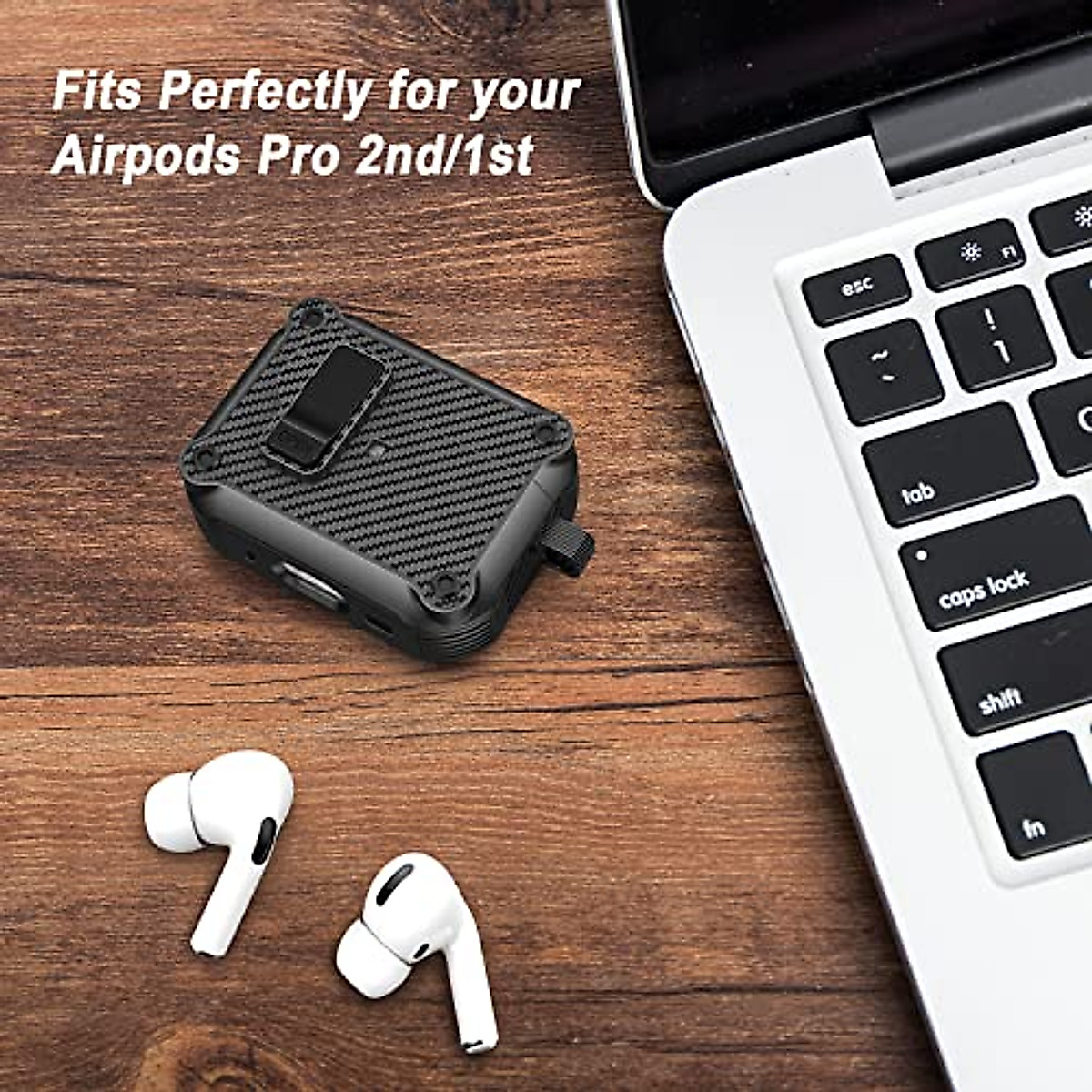 RFUNGUANGO AirPods Pro 2nd /1st Generation Case Cover, Automatic Pop-up Carbon Fiber Case with Secure Lock Clip, Full Body Shockproof Hard Shell Protective Case for AirPods Pro-Black