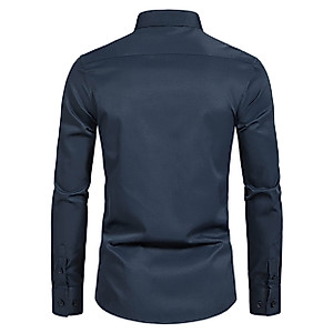 VANCOOG Men's Mandarin Collar Long Sleeve Casual Interview Formal Business Dress Shirt Camisas De Vestir Para Hombres-Navy Blue-L