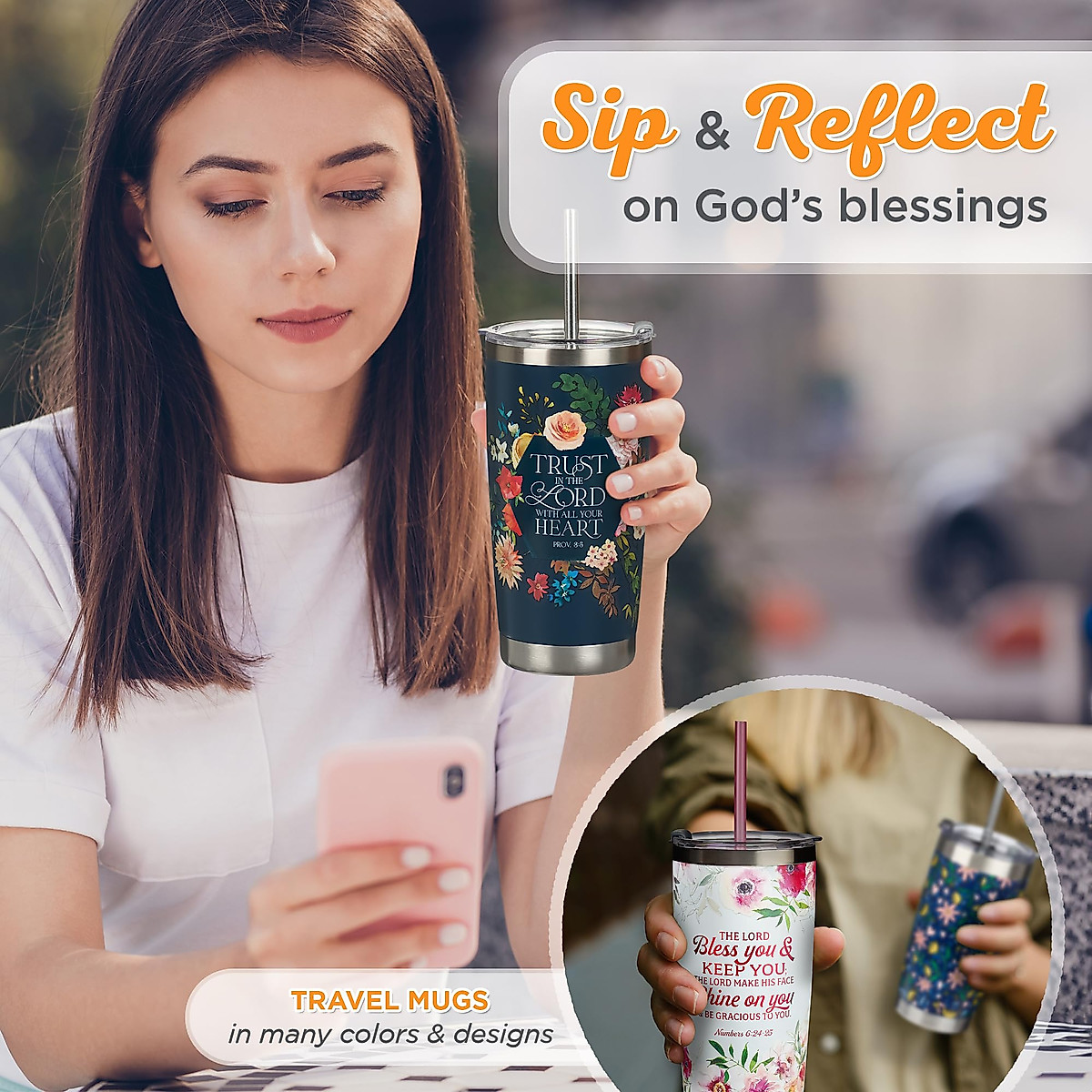 Christian Art Gifts Reusable Stainless Travel Mug Tumbler w/Straw for Women: Trust in the Lord Bible Verse, Double Wall Vacuum Insulated, Pop-up Lid, Hot/Cold, Cute Navy Blue Multicolor Floral, 18 oz.