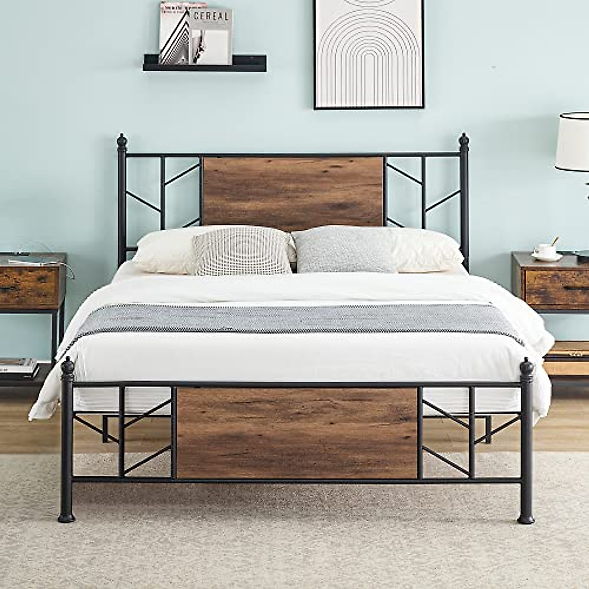 GAOMON 12.6 Inch Queen Size Bed Frame, Metal Platform Bed Frame with Wooden Headboard and Footboard, Mattress Foundation, No Box Spring Needed, No Box Spring Needed, Noise Free (Queen)