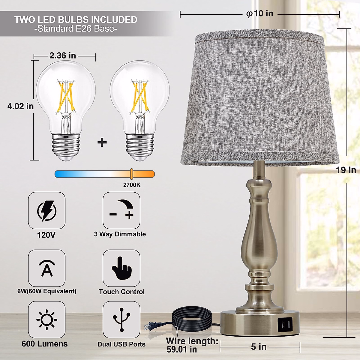 EJIAXIN Table Lamps for Bedroom Set of 2,3 Way Dimmable Touch Bedside Lamps with Dual USB A+C Ports - Nightstand Lamp for End Table Modern Night Stand Lamps for Living Room Guest Room