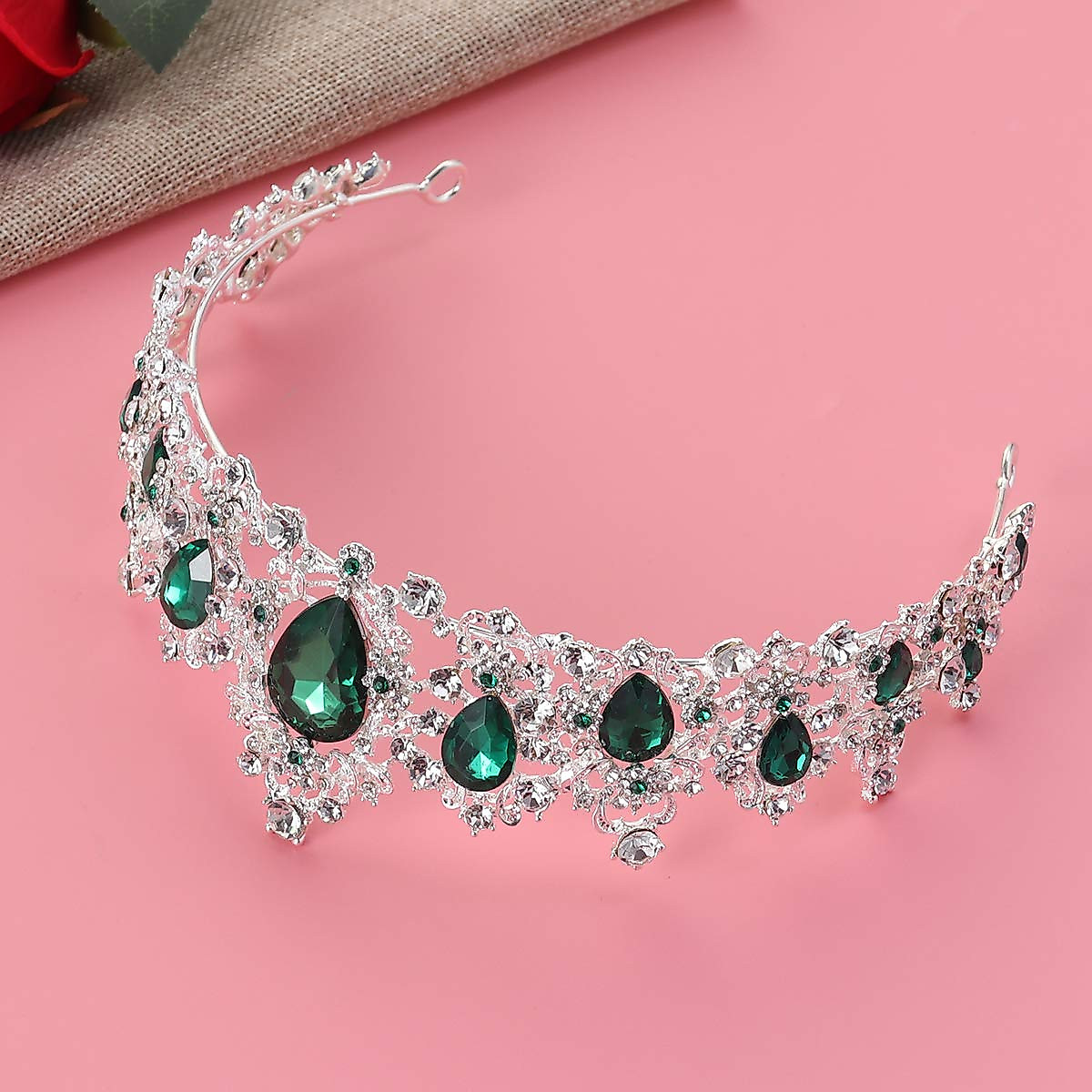 FRCOLOR Princess Crown for Women, Green Crystal Tiara Crown for Women, Rhinestone Queen Crowns Wedding Tiaras Crowns Headband for Birthday Halloween Party(Green)