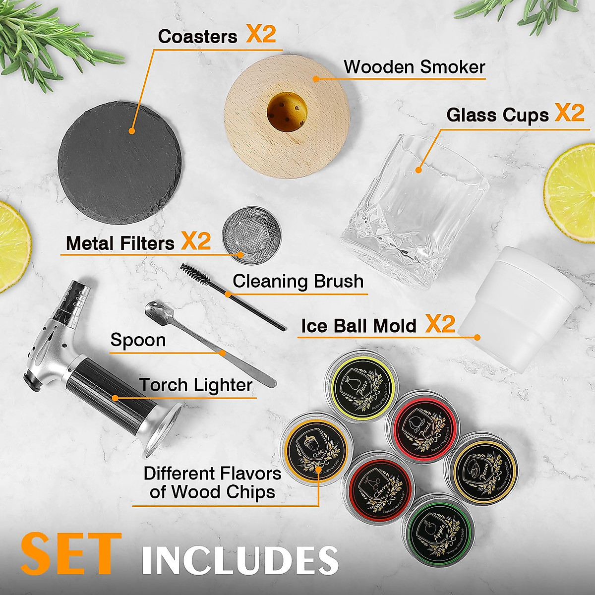 Whiskey Cocktail Smoker Kit with Torch, 6 Flavors Wood Chips, 2 Whiskey Glasses, 2 Ice Ball Molds, Bourbon Old Fashioned Drink Smoker Kit, Gifts for Men, Dad, Husband, Boyfriend(No Butane)
