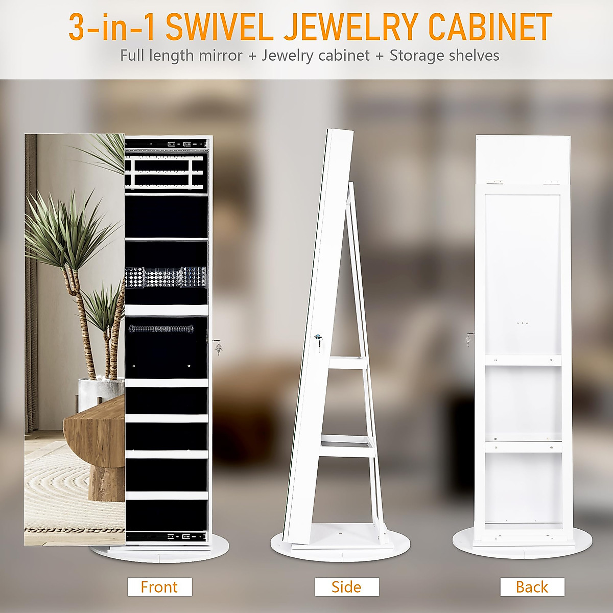 LVSOMT 360° Swivel Jewelry Mirror Cabinet with Lights, Standing Jewelry Armoire Organizer, 63" Rotatable Full-Length Mirror with Jewelry Storage, Lockable with Back Storage Shelve, White