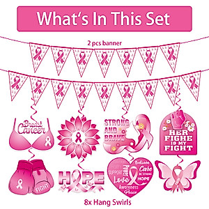 Breast Cancer Awareness Decorations, with 1pcs No DIY Breast Cancer Awareness Banner and 8pcs Breast Cancer Decorations Hanging Swirls, Breast Cancer Awareness Decorations for Office
