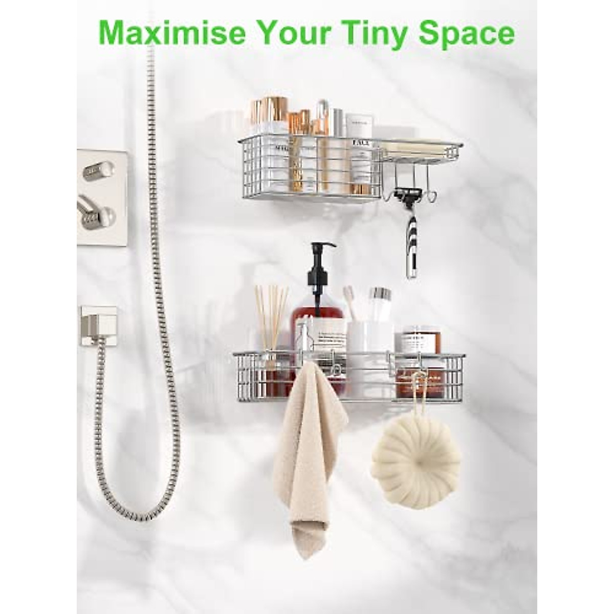 SMARTAKE 2-Pack Shower Caddy, Combined Bathroom Shelf with Soap Dish and Hooks for Hanging Razor Brush Sponge, Wall Mounted Rustproof Basket with Adhesive, No Drilling, 304 Stainless Steel, Silver