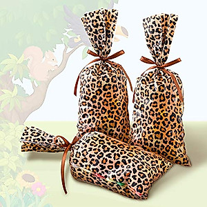 100 Pieces Leopard Print Treat Bags Leopard Candy Bags Easy to Seal Animal Print Cellophane Cookie Bags with 1 Roll Brown Fabric Ribbon for Zoo or Jungle Party Supplies