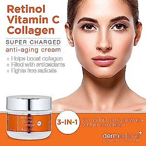 Vitamin C + Retinol + Collagen | Super Charged Anti-Aging Cream for Face | Pharmaceutical Grade Quality | Helps Smooth & Plump Fine Lines & Wrinkles & Brightens for Younger Skin (2 oz)
