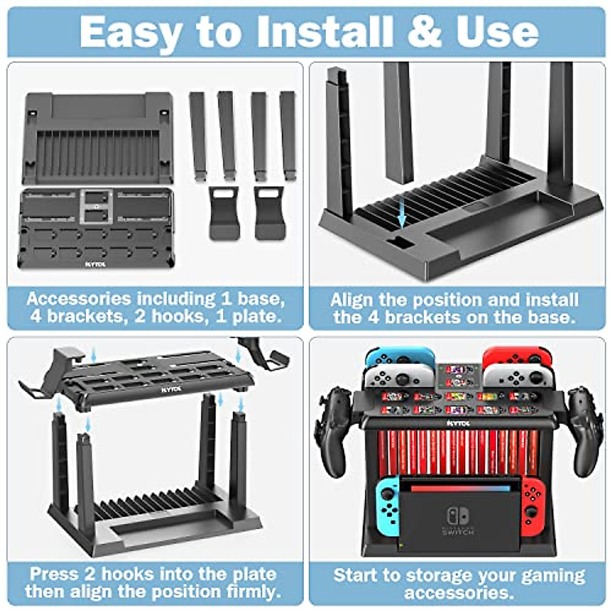 Switch Games Organizer Station with Controller Charger, Charging Dock for Nintendo Switch & OLED Joycons, Kytok Switch Storage and Organizer for Games, TV Dock, Pro Controller, Accessories Kit Storage