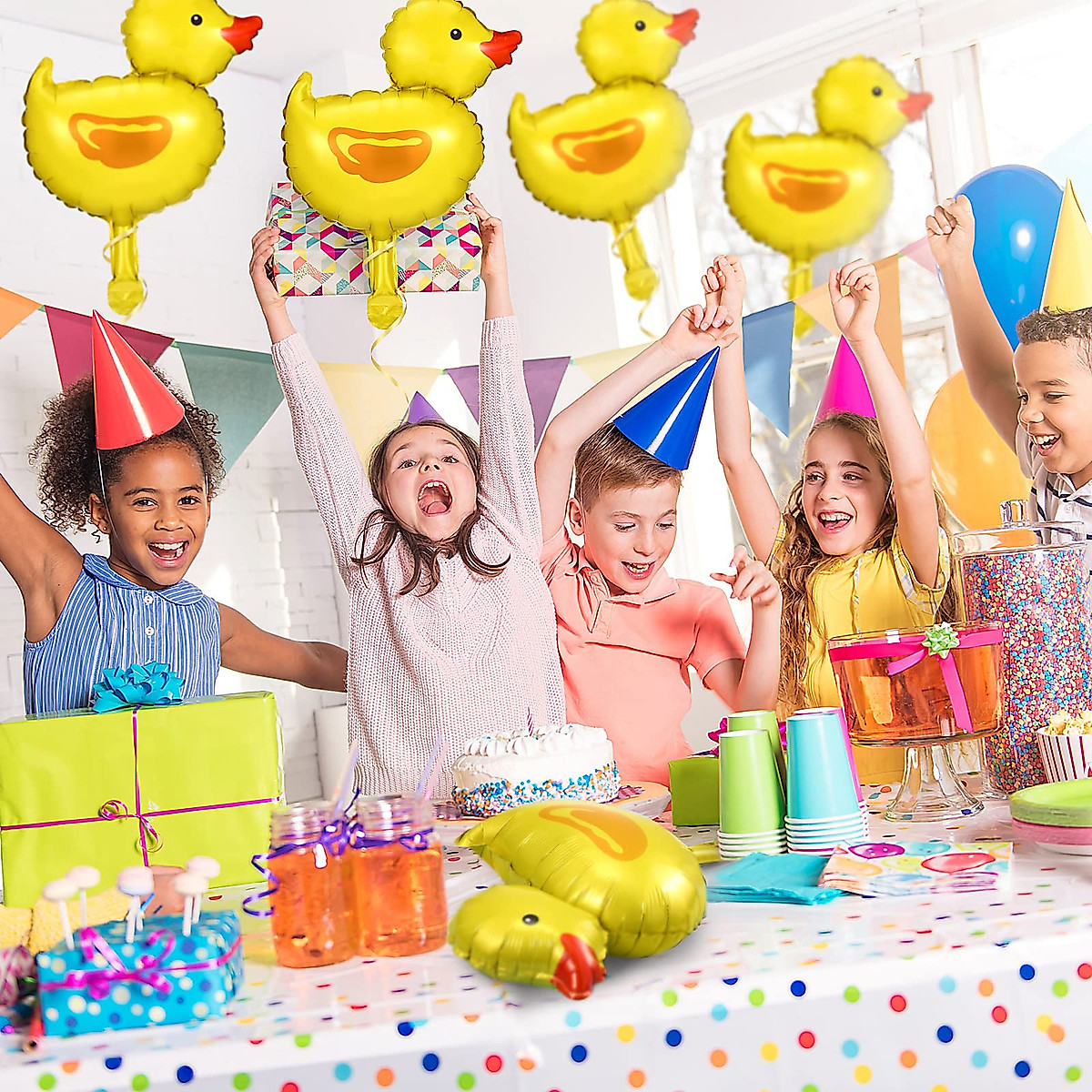 Meooeck 30 Pcs Duck Balloon Mini Duck Shape Foil Balloon Duck Birthday Decorations, Farm Animal Head Foil Balloon with 4 Rolls Gold Ribbons for Kids Birthday Baby Shower Party Decoration