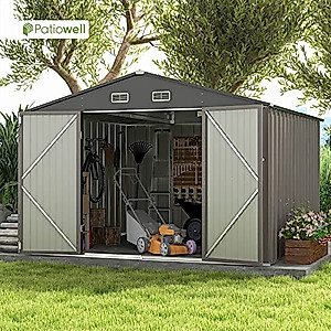 Patiowell 10 x 10 FT Outdoor Storage Shed,Metal Yard Shed with Design of Lockable Doors, Utility and Tool Storage for Garden, Patio, Backyard, Outside use,Brown