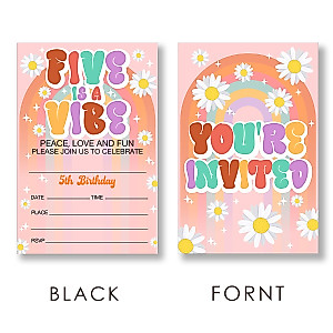 EUDOSI Five is a Vibe Groovy 5th Birthday Party Invitations Supplies Fill-In Set of 20 with Envelopes Groovy 5 Years Old Birthday Bash Invites Cards, Double Sided