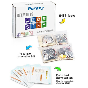 Poraxy STEM Science Kits for Kids Ages 8-12, 4 in 1 Robotics Engineering Starter Kit with Sensors, Wooden 3D Puzzles Building Kits, Smart Robot Toys, Gifts for 8 9 10 11 12 13 Year Old Boys and Girls