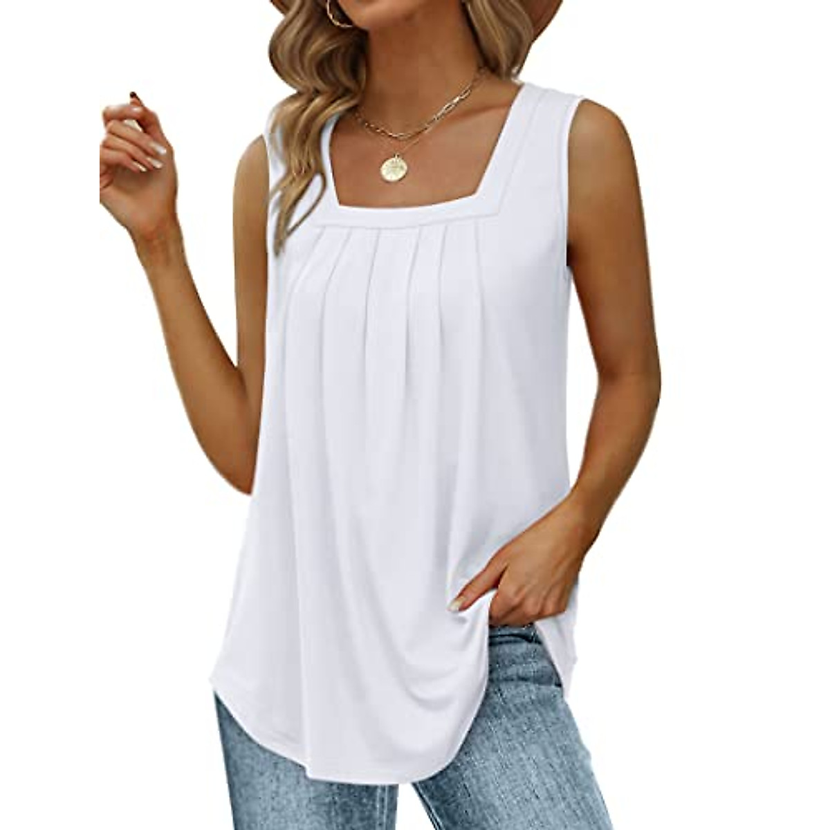Aokosor Sleeveless Tops for Women Square Neck Flowy Tank Tops Loose Fit White L