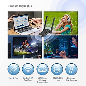 Wireless USB WiFi 6 Adapter for PC - 802.11ax USB Adapter AX1800 PC WiFi Adapter for Desktop Laptop Dual Band Wireless Adapter WiFi Dongle for Windows 7/10/11 Wireless Network Adapter for PC Computer