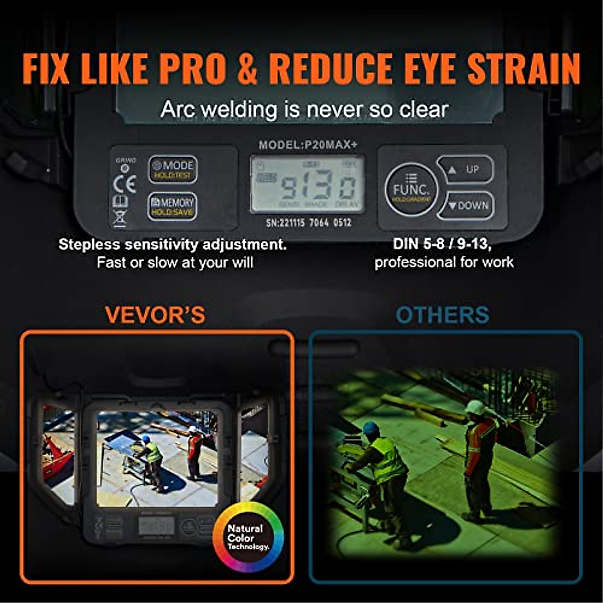 VEVOR Welding Helmet Auto Darkening Large Viewing with Side View 4.25" x 3.23", Welding Hood True Color, Welding Mask Solar Powered, 4 Arc Sensor, Wide Shade 4-8/9-13 for TIG MIG Arc Weld Grinding