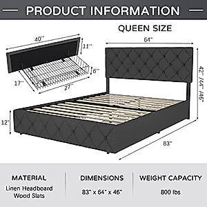 Osfvolr Queen Bed Frame, Modern Upholstered Platform Bed with 4 Storage Drawers, Modern Diamond Stitched Button Tufted Design Fabric Bedframe with Adjustable Headboard, Mattress Foundation, Dark Grey