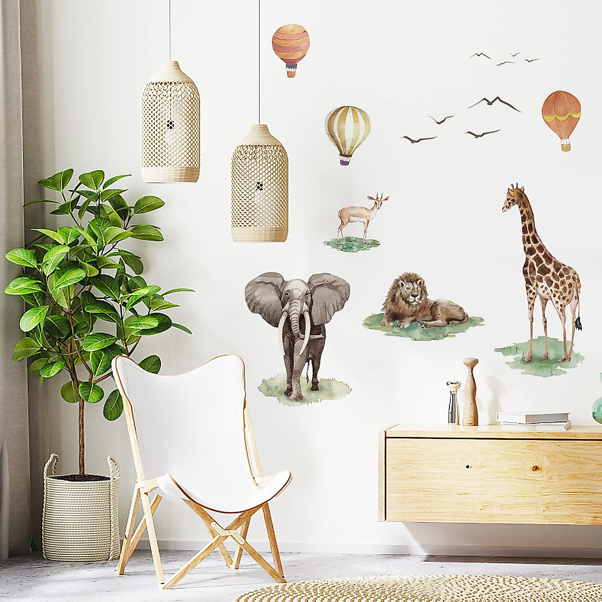 PLIGREAT Hot Air Balloons Giraffe Deer Elephant Lion Wall Stickers Removable Vinyl Peel and Stick Wall Decals for Nursery Bedroom Livinig Room Playroom Wall Decoration Home Indoor DIY Wall Art Decor