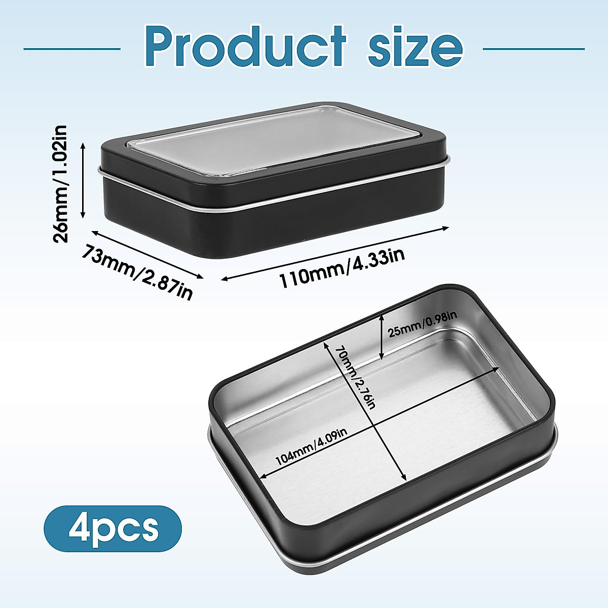 Metal Hinged Tin Box Container, 4 Pieces Rectangular Tin Box Small Storage Box Metal Stash Box Empty Tin Boxes with Removable Clear Window Lid for Candy Jewelry Beads Key Crafts Storage, Black