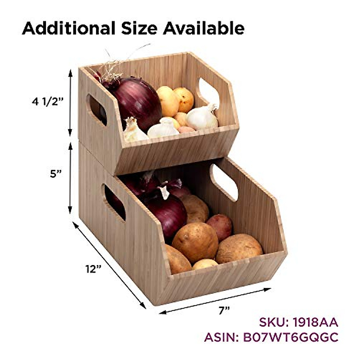 MobileVision XL Bamboo Storage Bins for Pantry & Kitchen Cabinet Organizer Multi-Purpose 2 PC Stackable Set Larger Bins for Potatoes Onions Packaged Goods & More