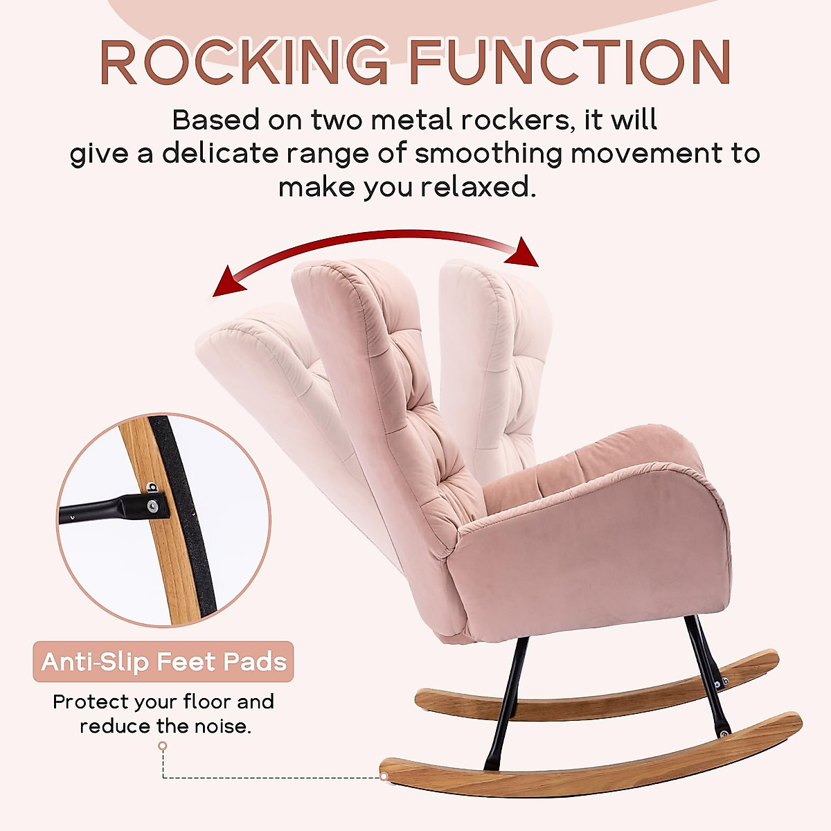 NIOIIKIT Nursery Rocking Chair, Velvet Upholstered Glider Rocker, Rocking Accent Chair with High Backrest, Comfy Rocking Accent Armchair for Living Room, Bedroom, Offices (Pink Velvet)