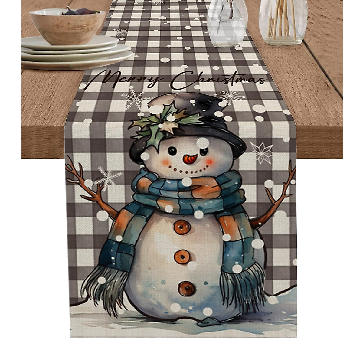 Christmas Snowman Table Runner 36 Inches Long Farmhouse Dress Scarves, Black and White Checkered Winter Snowflake Dining Tablerunner for Coffee Table/Kitchen Island/Party Décor, Small 13" x 36"
