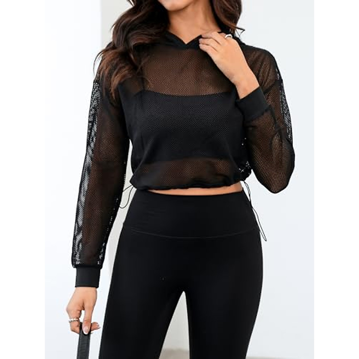 SweatyRocks Women's Activewear Long Sleeve Hollow Out Drawstring Hooded Sweatshirt Sports Crop Top Black M