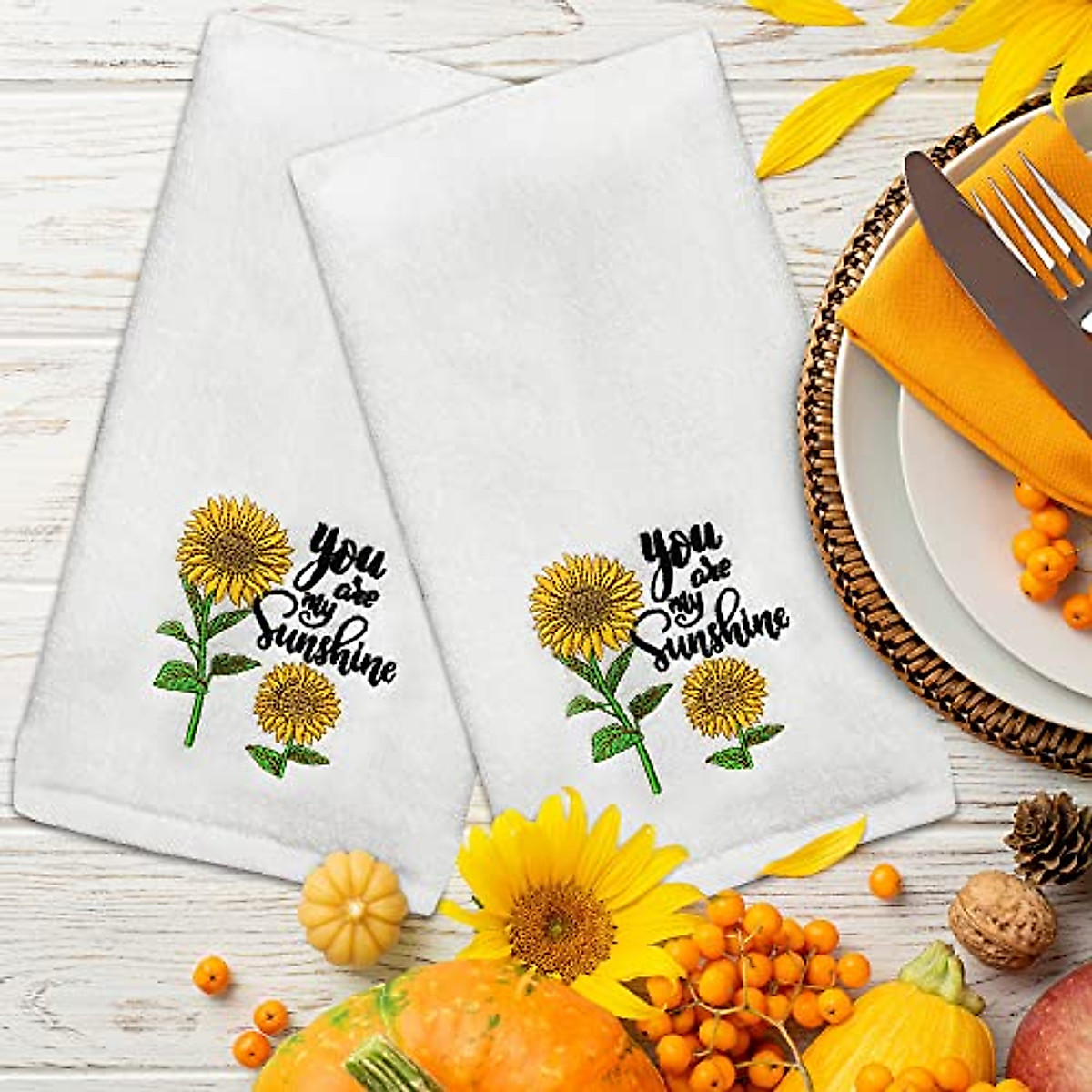 Hexagram Sunflower Hand Towels Set of 2-Embroidered Sunflower Kitchen Decor-100% Cotton Soft Luxury Decorative Hand Towel for Bathroom-Housewarming Gifts Sunflower Bathroom Towels 13.8 x 29.5 Inch