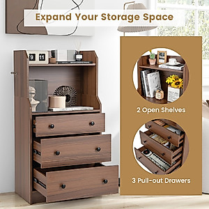 Giantex 3 Drawers Dresser for Bedroom - Modern Storage Dresser Chest of Drawers with 2 Shelves, 3 Pull-Out Drawers, Tall Nightstand with Anti-toppling Device for Bedroom Living Room Entryway (Walnut)