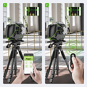 Huepar 3x360° Self-Leveling Laser Level with LCD Screen, 3D Bluetooth Connected Green Beam Cross Line Tiling Floor Laser Tool -360° Horizontal/Vertical Laser Line -Remote Control&Hard Carry Case S03DG