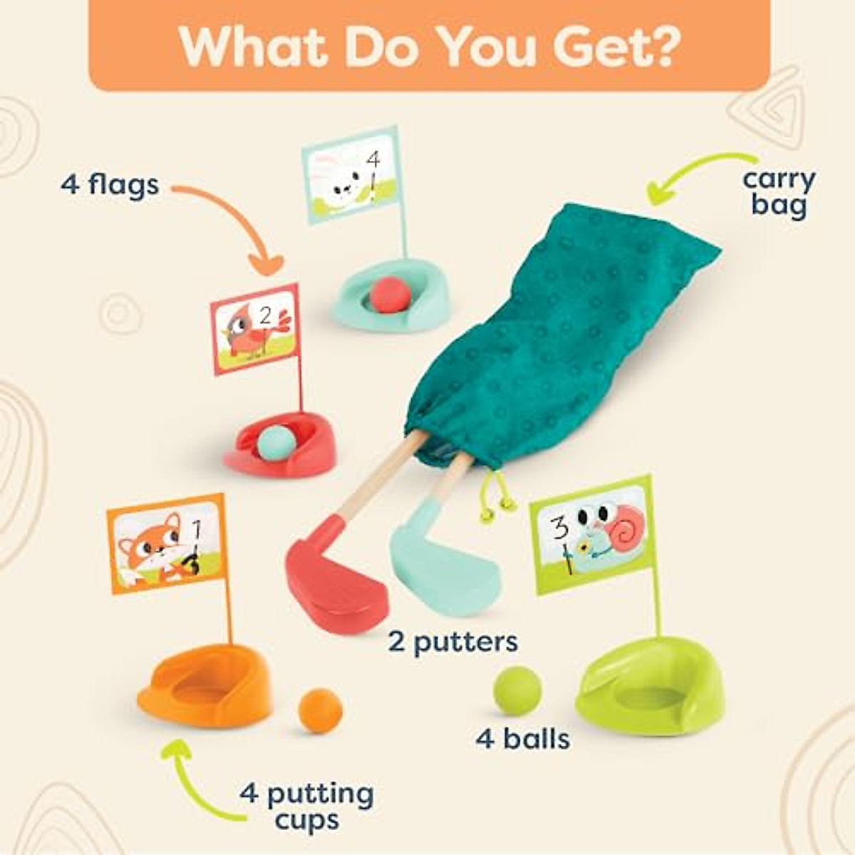 B. toys- Wooden Golf Set- Sports & Outdoors- 15 pc Golf Set for Toddlers with Storage Bag- Pretend Play- 3 Years +