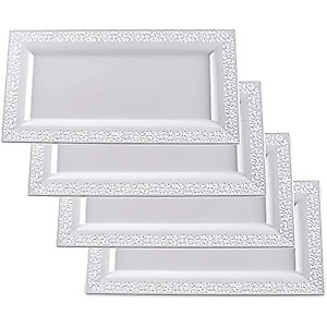 Yumchikel- Serving Tray Plastic for Party, 14" x 7.5" Platters for Serving Food, White Food Tray for Snacks, Food, Cookies, Set of 4, BPA Free
