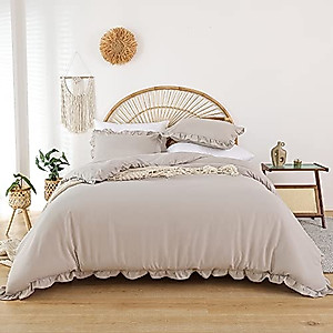 JANZAA Vintage Bedding Set Soft Shabby Chic Fluffy All Season Queen Oatmeal Comforter Set 3PCS(1 Ruffled Comforter Set and 2 Pillowcases)
