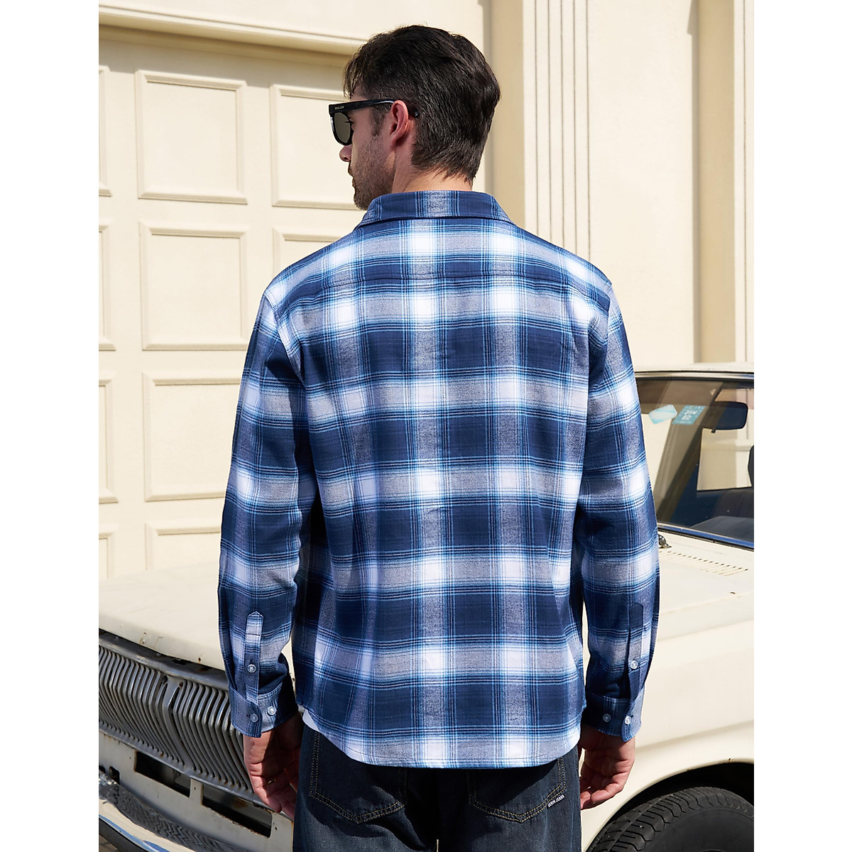 MAGCOMSEN Plaid Shirts for Men Flannel Shirts Long Sleeve Shirts Casual Shirts Work Shirts Athletic Shirts Mens Work Shirt Corduroy Shirts for Men Blue White