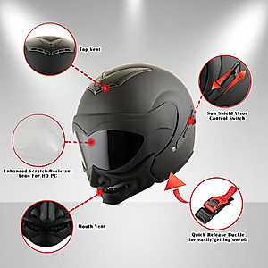 1Storm Motorcycle Open Face Fiber Glass Dual Visor Helmet Scooter Classical Knight Bike Samurai Black + One Extra Clear Shield