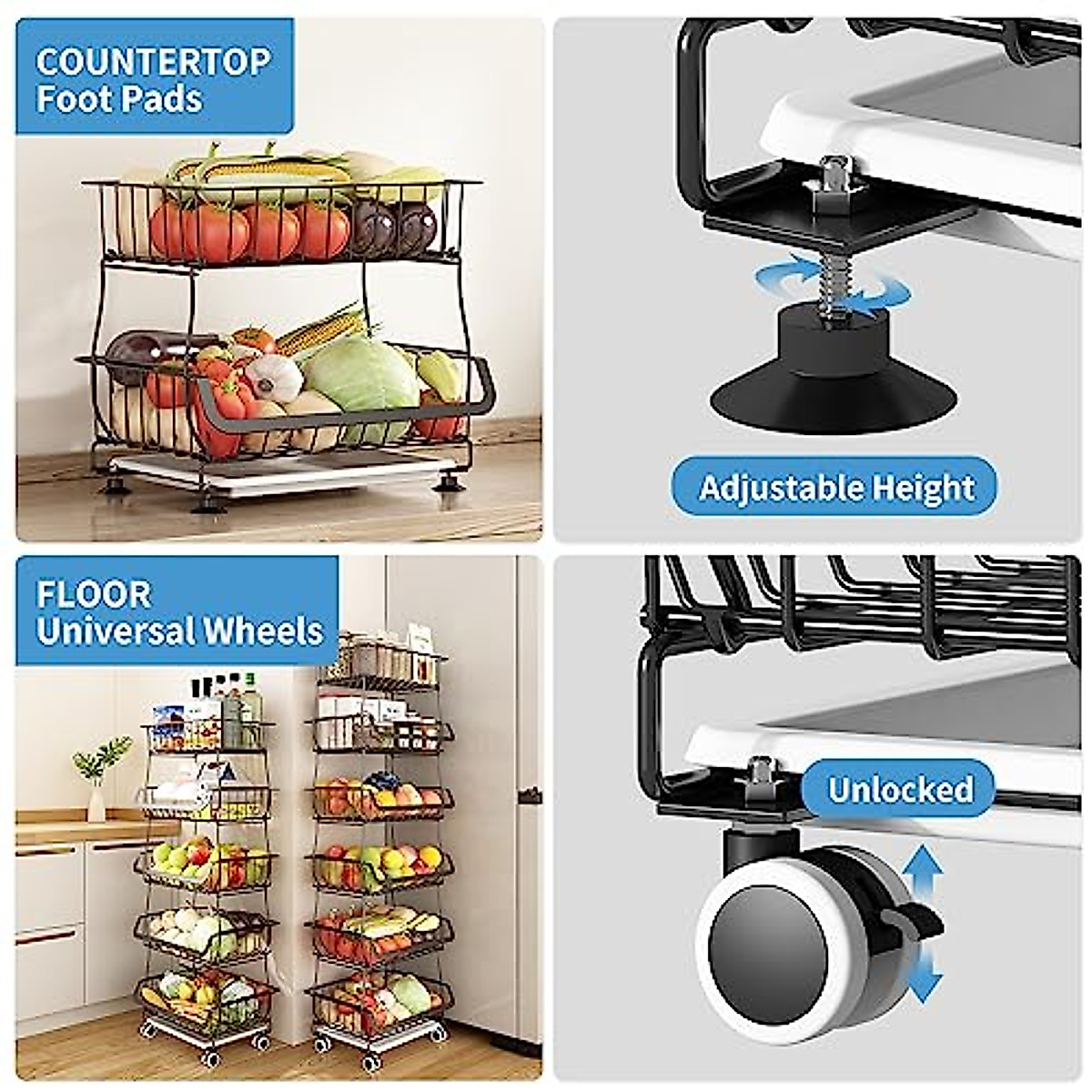 Wisdom Star 6 Tier Fruit Vegetable Basket, Wire Storage Basket Organizer Utility Cart with Wheels, Vegetable Basket Bins for Onions and Potatoes, Fruit Vegetable Storage Cart for Kitchen, Black