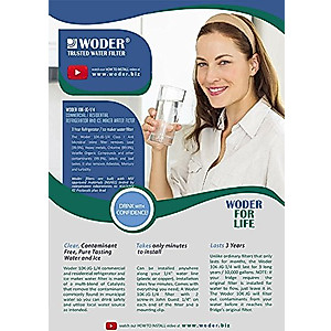 Woder WD-10K-JG Ultra-High Capacity Inline Water Filter with ¼” Built-in JG Fittings (for unbraided ¼” PVC, or 1/8” PEX). WQA Certified Refrigerator Water Filter 10K Gallons. USA Made.